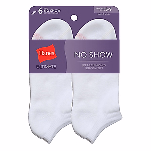 Hanes Ultimate Women's 6-Pack No-Show Socks, White, 5-9