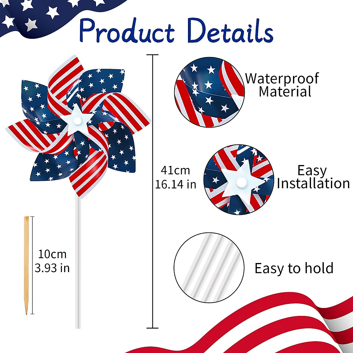 Gushu 20pcs Fourth of July Pinwheels,Red White and Blue 4th of July Decorations American Flag Pinwheel, Garden Wind Spinners Patriotic Yard Outdoor Decor, Memorial Day Independence Party Supplies