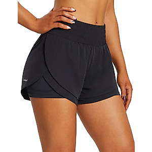 BALEAF Women's Workout Running Shorts 2 in 1 Spandex High Waisted 3" Athletic Shorts with Liner Pockets Black S
