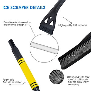 Qoosea Ice Scraper and Snow Brush for Car Windshield Extendable Snow Brush with Foam Grip and Soft Bristle Head Brush Supports 360° Degree Rotation for Car or Truck SUV Vehicle Window