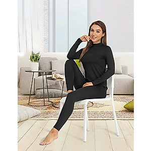 JOLLYBUYER Women's Mock Neck Thermal Underwear Winter Fleece Ultra-Soft Warm Base Layer Set Black