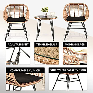 3 Pieces Patio Bistro Set, Patio Conversation Set, Patio Furniture Set, Balcony Furniture, Rattan Chair, Outdoor Rattan Furniture Bistro Set, All Weather Wicker Patio Chairs Set with Table and Cushion