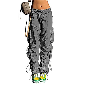 QYANGG Baggy Parachute Pants for Women& Girls Drawstring Elastic Low Waist Ruched Cargo Pants Multiple Pockets Jogger Y2K Grey