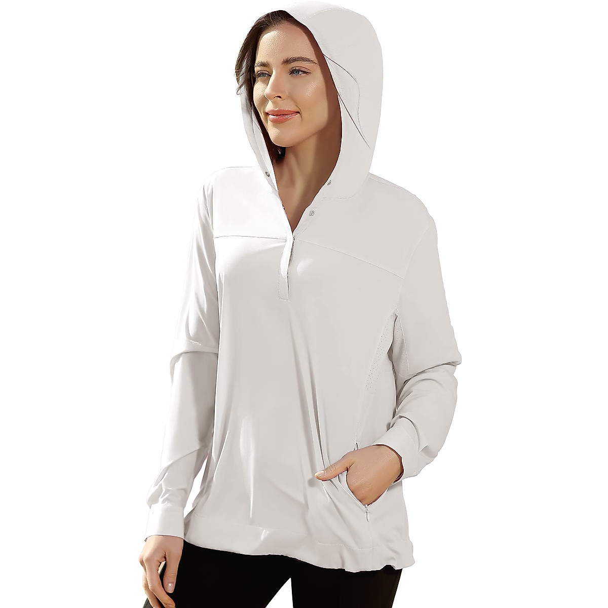 Mabove Women's UPF 50+ Sun Protective Hoodie Fall Long Sleeve Sun Shirts SPF Hiking Fishing Lightweight Shirt,Aqua Green-B-L