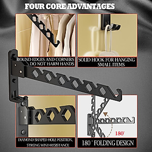 Wall Mount Coat Hanger Holder Black Clothes Drying Organizer Rack Garment Hooks Aluminium Retractable Folding Indoor Wall Mounted Hanger Space Saver for Laundry Room Bedroom Black 2 Pack with 8 Hooks