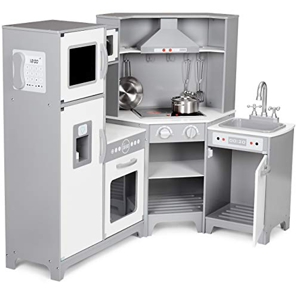 Amazon Basics Kids Corner Wooden Kitchen Toy Playset with Stove, Oven, Sink, Fridge and Accessories, for Toddlers, Preschoolers, Children Age 3+ Years, White & Gray, 39.37"L x 28.35"W x 35.04"H