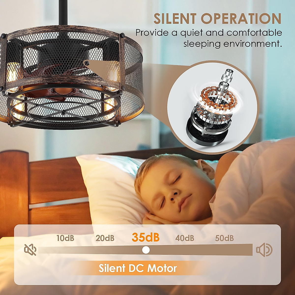 Dannilong Caged Ceiling Fans with Lights and Remote, Farmhouse Ceiling Fan with Light Bladeless, Small Ceiling Fan for Kitchen Bedroom Outdoor, 18 Inch Black Fandelier, Reversible Quiet Motor