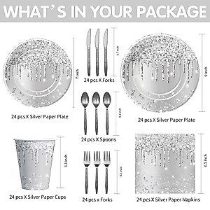 YJRJSC Silver Plates And Napkins Party Supplies - Silver Party Decorations Tableware For Birthday Bridal Shower, Paper Plate, Napkin, Cup, Cutlery, Diamonds Silver Glitter Table Decorations | Serve 24