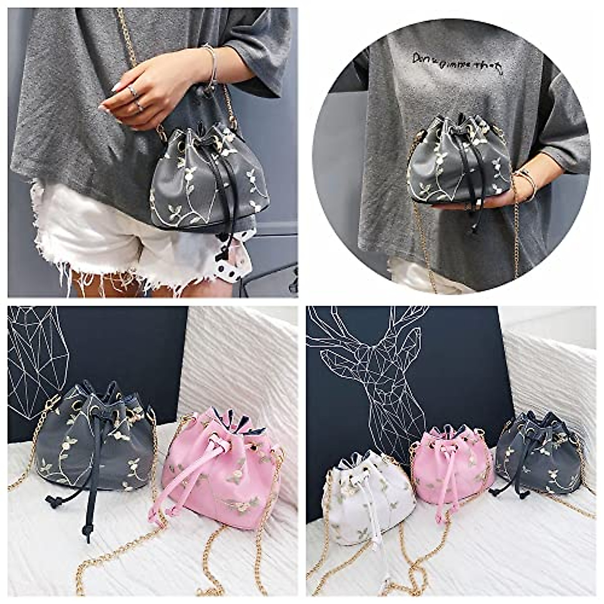 Women Crossbody Bucket Bag Mini Drawstring Shoulder Bags Travel Tote Handbags Casual Purse Satchels with Flower Embroidery