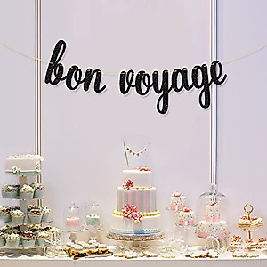 Bon Voyage Banner, Retirement/Graduation/Moving/Goodbye Party Decorations Supplies, Travel Theme Party Sign, Black Glitter