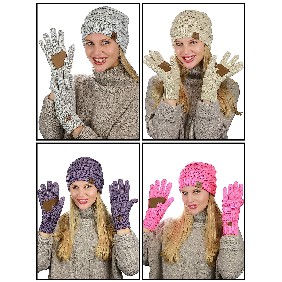 C.C Unisex Soft Stretch Cable Knit Beanie and Anti-Slip Touchscreen Gloves 2 Pc Set, Violet