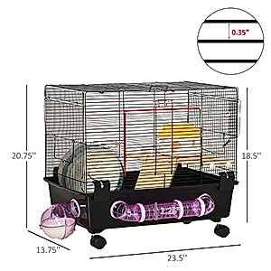 PawHut 2-Tier Hamster Cage, Small Animal Habitat for Rats, Gerbils, Mesh Wire Ventilated Enclosure with Exercise Wheel, Water Bottle, and Food Dishes