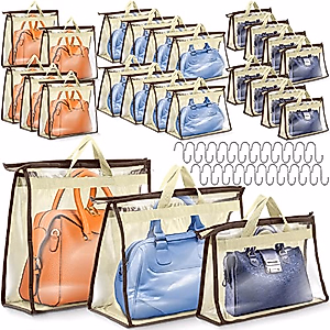24 Pack Clear Handbag Storage Organizers with 25 Stainless Steel S Shape Hooks Beige Dust Cover Bags Damp Proof Purse Storage Bags with Zippers and Handles for Closet Hanging Storage, 3 Assorted Sizes