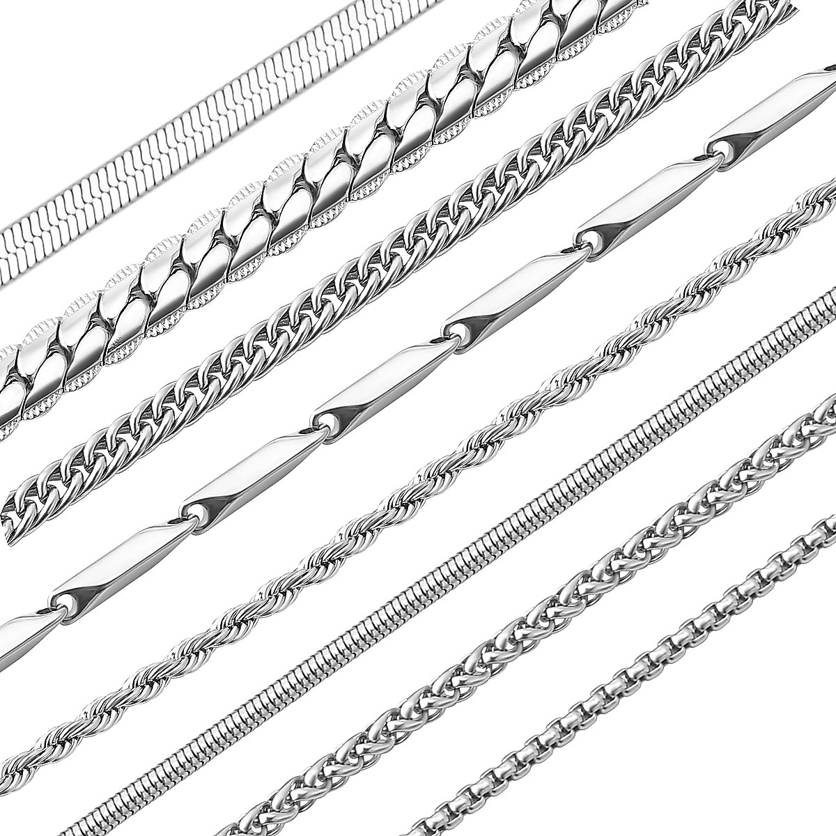 stino 8PCs Stainless Steel Chain Necklace Set for Men Women, Silver Tone Necklace Chains Bulk, Figaro Chain, Snake Chain, Cuban Link Chain, Rope Chain. (8PCs Mixed Style)