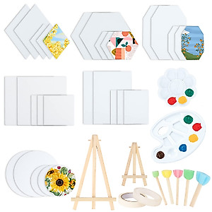 24 Packs Canvases for Painting with 4 Mini Easel, Canvas Panels for Oil Watercolor Canvas Painting Kit 8x10 5x7 Hexagon Round Rectangle Small White Blank Canvas Boards Bulk for Kids Adult Canvas Art