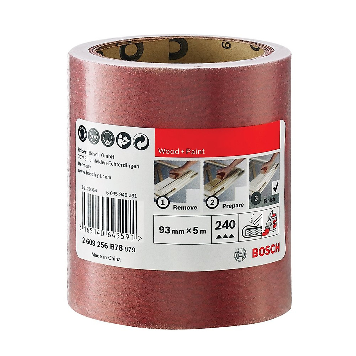 Bosch Red 93 mm x 5 m/Grit K240 Sanding Roll, 2609256B78