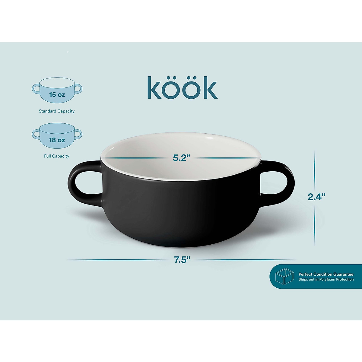 Kook Soup Crocks, Ceramic Bowls, Broil, Oven, Microwave and Dishwasher Safe, with Handles, For Casserole, Pasta, Cereal, 18 oz, Set of 4 (Black)