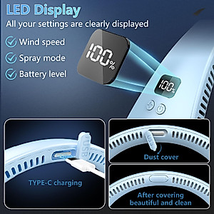 Neck Fans Portable Rechargeable-Foldaway Neck Fan with Mist,Personal Fan for Neck Wearable Hanging around,Cordless Neck Coolers for Female Male Kids Dad Mom Extremely Hot Weather Indoor Outdoor Blue