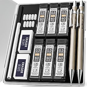 Nicpro 2 PCS 0.5 mm Metal Mechanical Pencils Set, Drafting Pencil for Artist Writing, Sketching, Drawing, with 4 Tubes HB Lead Refill & Erasers, Erasers Refills & Storage Case