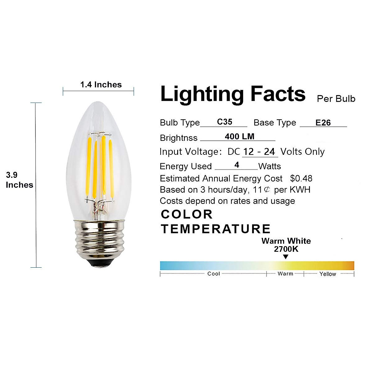 OPALRAY 4W Low Voltage DC/AC 12V LED Bulb, Dimmable with DC Dimmer, E26 Medium Base, Warm White Light, Clear Glass Torpedo Tip, 400Lm 40W Incandescent Equivalent, 12V-24V DC Power Input, 5 Pack