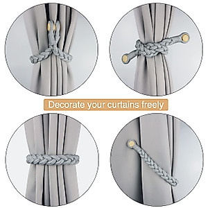 Porlau 2 Pack Grey Magnetic Soft Curtain Tiebacks Cotton Hand-Woven Tieback Holdback Home Decorative Tie Backs with Wooden Buckle for Home Office Decor