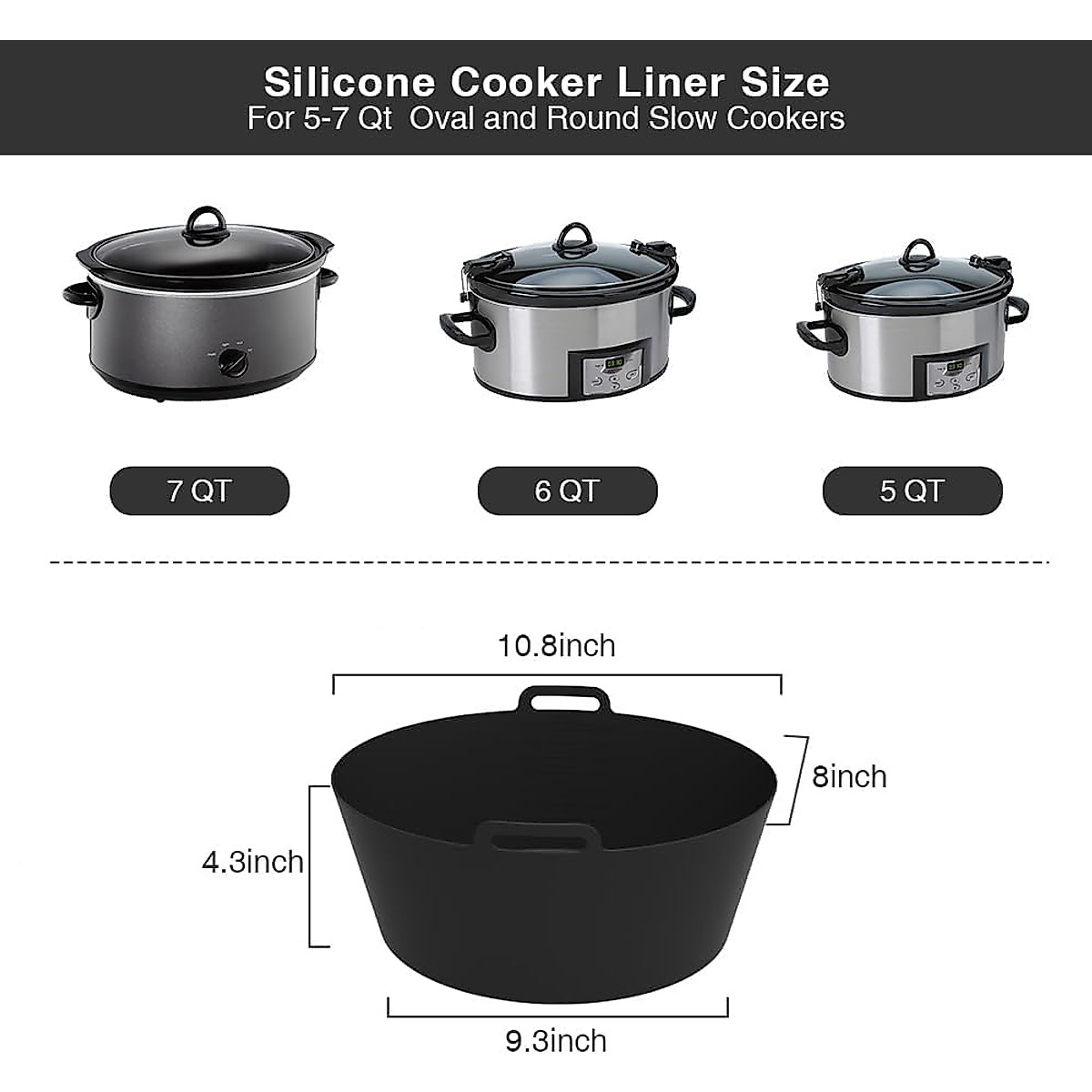 ChefAid Slow Cooker Liners Crock Pot Insert Accessories for 5 6 7 Quart Slow Cookers, 100% Silicone Reusable Liner, Food Safe & Dishwasher Safe (Black)