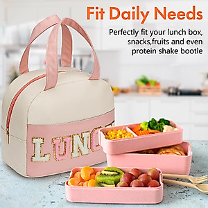 Lunch Bag for Women Insulated Lunch Bag For Men PU leather Small Lunch Bag for Office Work lunch Bag with Chenille Letters Leakproof Freezable Cooler Bag Reusable Portable Lunch Box (White&Pink)