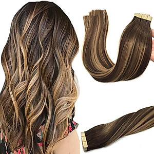 GOO GOO Tape in Hair Extensions Human Hair, 4/27/4 Balayage Chocolate Brown to Caramel Blonde, 18inch 50g 20pcs, Thick Ends Straight Seamless Tape in, Invisible Tape in Hair Extensions Human Hair