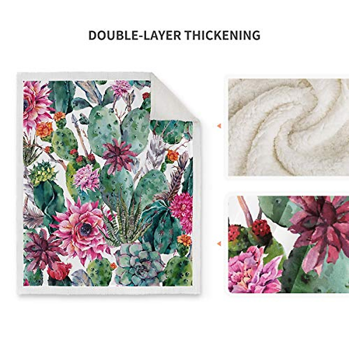 Jekeno Cactus Flower Sherpa Blanket Smooth Soft Print Throw Blanket for Sofa Chair Bed Office 50"x60"