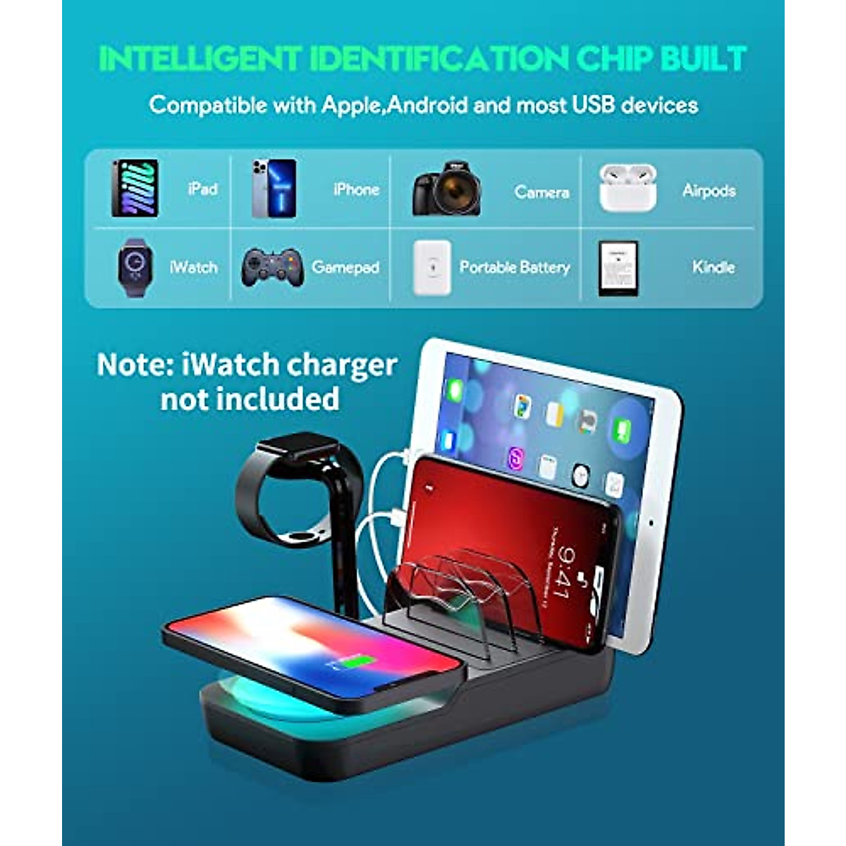 70W Charging Station for Multiple Devices, 5 in 1 Fast Charging Dock with 10W Max Wireless Charger and 4 Ports Charging Dock, 30W USB C PD Fast Charging for iPad, iPhone,Tablets,Kindle