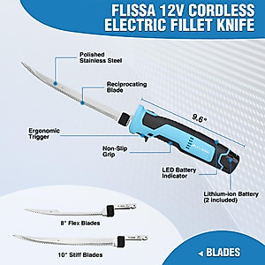 FLISSA Cordless Electric Fillet Knife for Fish with 8" and 10" Stainless Steel Blades, Rechargeable Electric Knife with Non-Slip Handle, 2 Packs Long Lasting Lithium-ion Battery, Portable Carry Case
