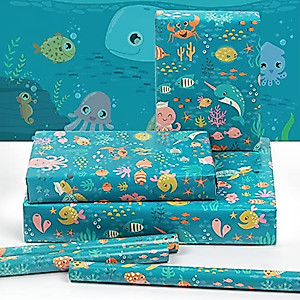 NEPOG Ocean Themed Birthday Wrapping Paper for Kids Girls Boys, 6 Sheets Under the Water Animal Coastal Design Gift Paper, 20 x 28 inch Per Sheet Folded Flat Birthday Paper for Birthday Baby Shower