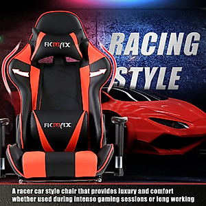 FICMAX Massage Gaming Chair Ergonomic Gamer Chair with Footrest Reclining Computer Gaming Chair Racing Style Home Office Chair High Back Gaming Desk Chair with Headrest and Lumbar Support(Black/Red)