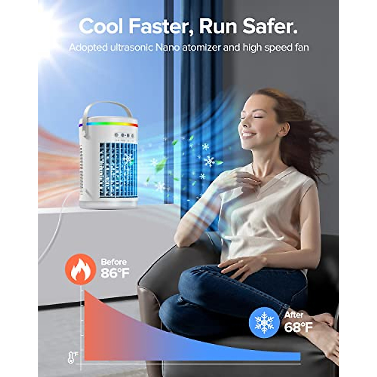 Portable Air Conditioners,ovolta 1400ml Evaporative Air Cooler 3 Speeds,USB Personal Air Conditioner with 7 LED Light,Portable AC Air Conditioner for Room Kitchen Office Desk Bedroom Camping (white)