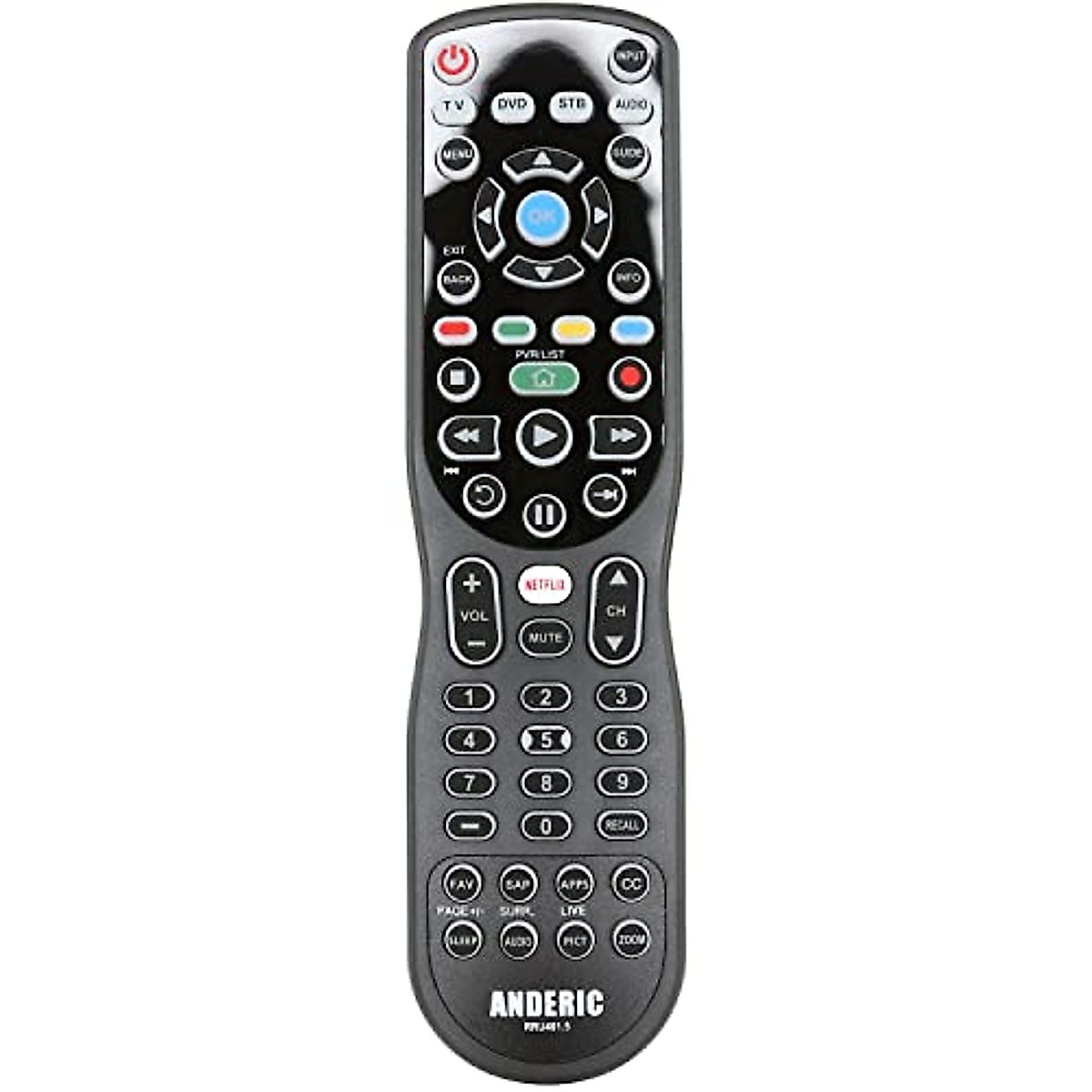 4-in-1, 4-Device IR Universal Remote Control with Macro, Learning, Backlit, Netflix Apps Keys for All TVs, Streaming Players, BluRay Player, Audio, Cable, Roku, Apple TV and More - Anderic RRU401