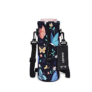 AMARY 1000ML Neoprene Water Bottle Carrier Bag with Adjustable Shoulder Strap,Insulated Water Bottle Cover for Stainless Steel/Glass/Plastic Bottles 34OZ (Butterfly-2)