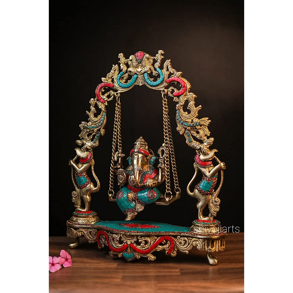 SHIVAJI ARTS Brass Ganesha Statue on Swing, 20 Inch Big Large Ganesh Idol on Jhoola in Brass, Swinging Ganesh Idol, Jhula Ganesh Murti, Showpiece