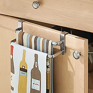 mDesign Over-Door Cabinet Towel Holder - Kitchen Cabinet Double Towel Bar Rack - Over Cabinet Towel Bar Hanger for Hand, Dish, and Tea Towels - 9.84" Wide - Spira Collection - Silver