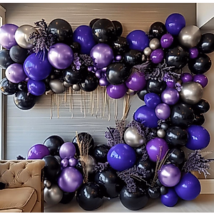 Purple Black Silver Balloon Garland - Double Stuffed Dark Purple Black Balloons Metallic Purple Silver Balloons Lavender Lilac Balloon Arch Kit for Birthday Baby Shower Anniversary Wedding Party Decor
