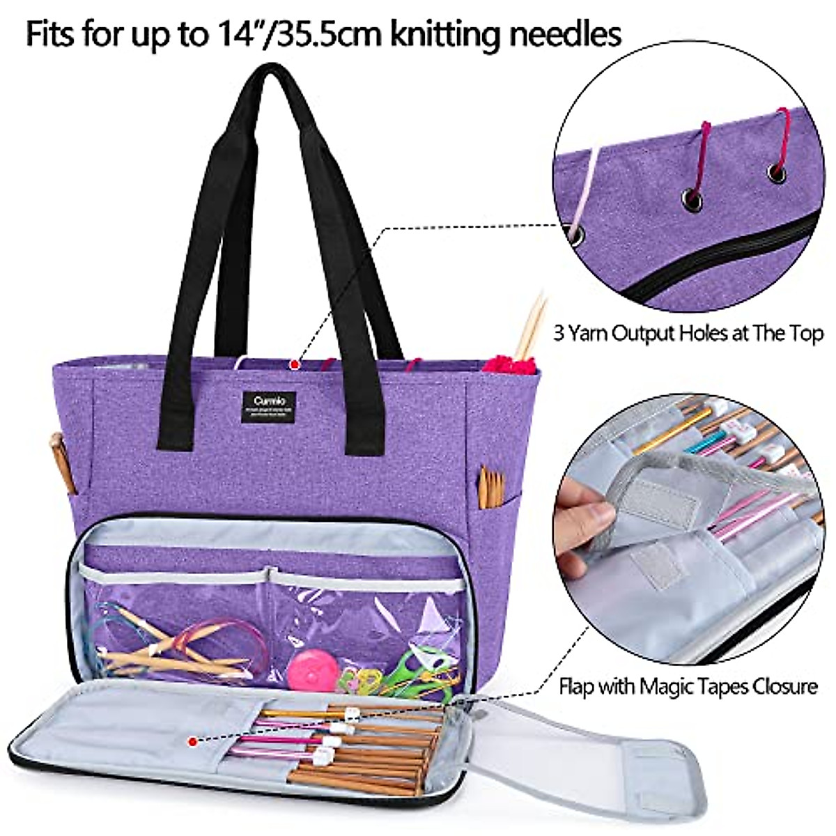 CURMIO Yarn Storage Bag, Knitting Tote Bag for WIP Project, Crochet Hooks, Knitting Needles and Yarn Skeins, Bag Only, Purple (Patented Design)