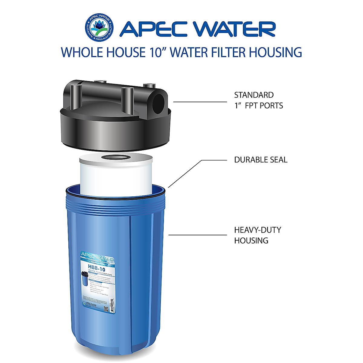 APEC Water Systems HBB-10 4.5" x 10" inch BB Whole Water Filter Housing 1 inch Inlet/Outlet