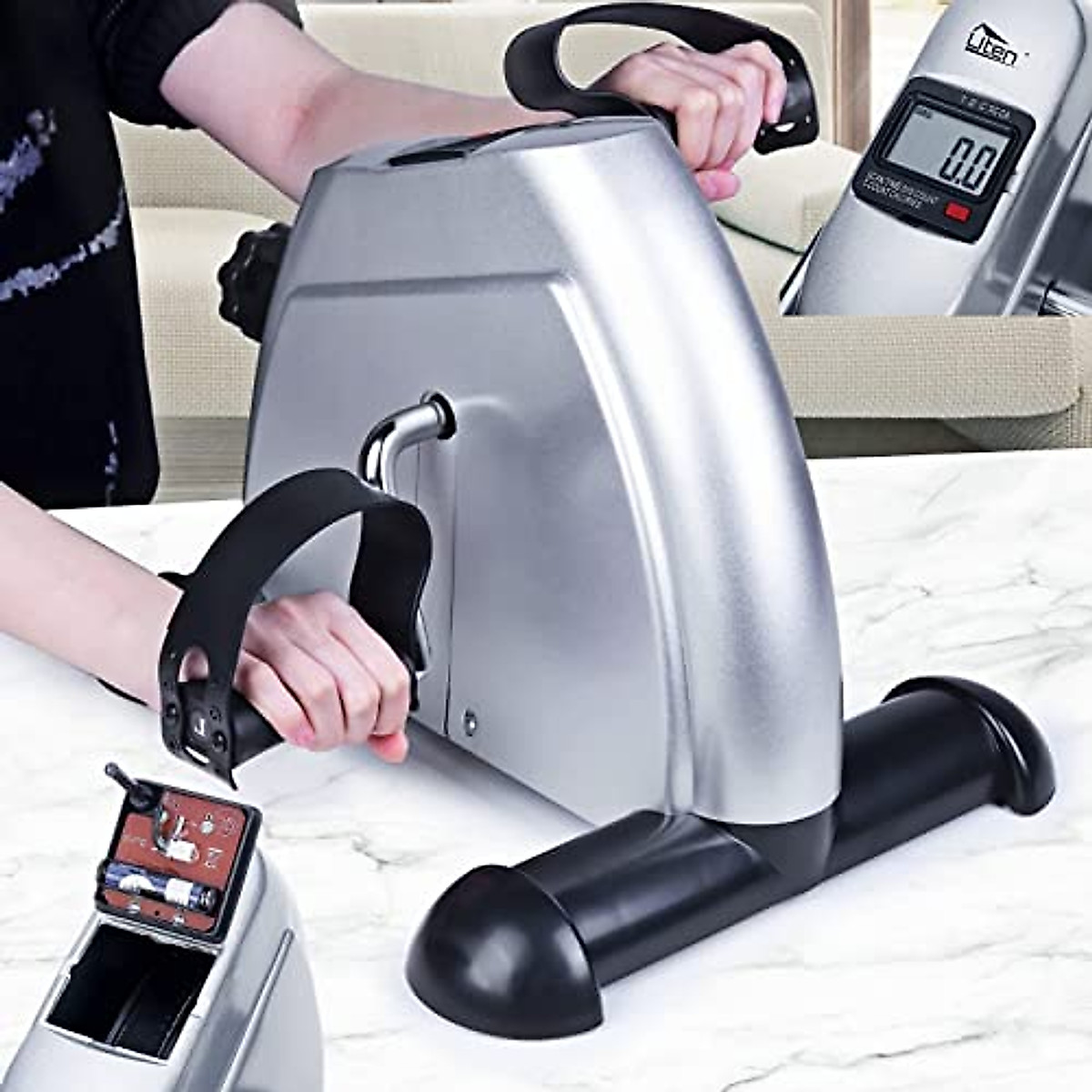 Mini Exercise Bike, Uten Under Desk Bike Pedal Exerciser, Peddler Exerciser, Portable Foot Cycle Arm & Leg Peddler Machine with LCD Screen Displays (Silver)