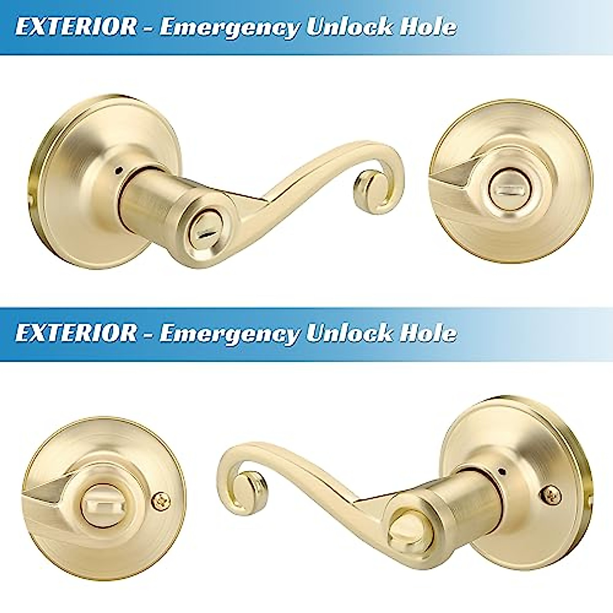 Bonpoly 5 Pack Gold Door Handles, Satin Brass Door Handle, Wave Handle Privacy Door Lever Bed/Bath Door Lockset, Right Handing