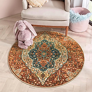Sivilife Boho Floral Small Round Rugs, 2ft Washable Non-Slip Circle Rug for Bathroom, Soft Vintage Orange Tribal Accent Throw Rug Non Shedding Indoor Coffee Table Mat for Bedroom Entrance Office Decor