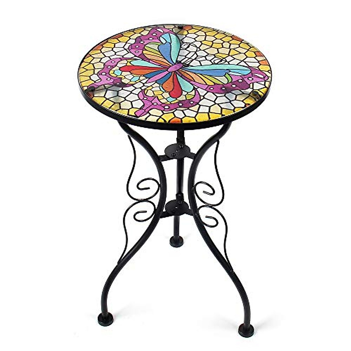 LIFFY Outdoor Mosaic Side Table - Butterfly Round End Table - Small Patio Side Table - Glass Garden Side Table for Yard,Lawn