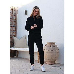 Aleumdr Womens 2 Piece Sweatsuit Sets 2025 Fall Trendy Half Zip Pullover Long Sleeve Sweatshirt Jogger Pants Outfits with Pockets Black Medium