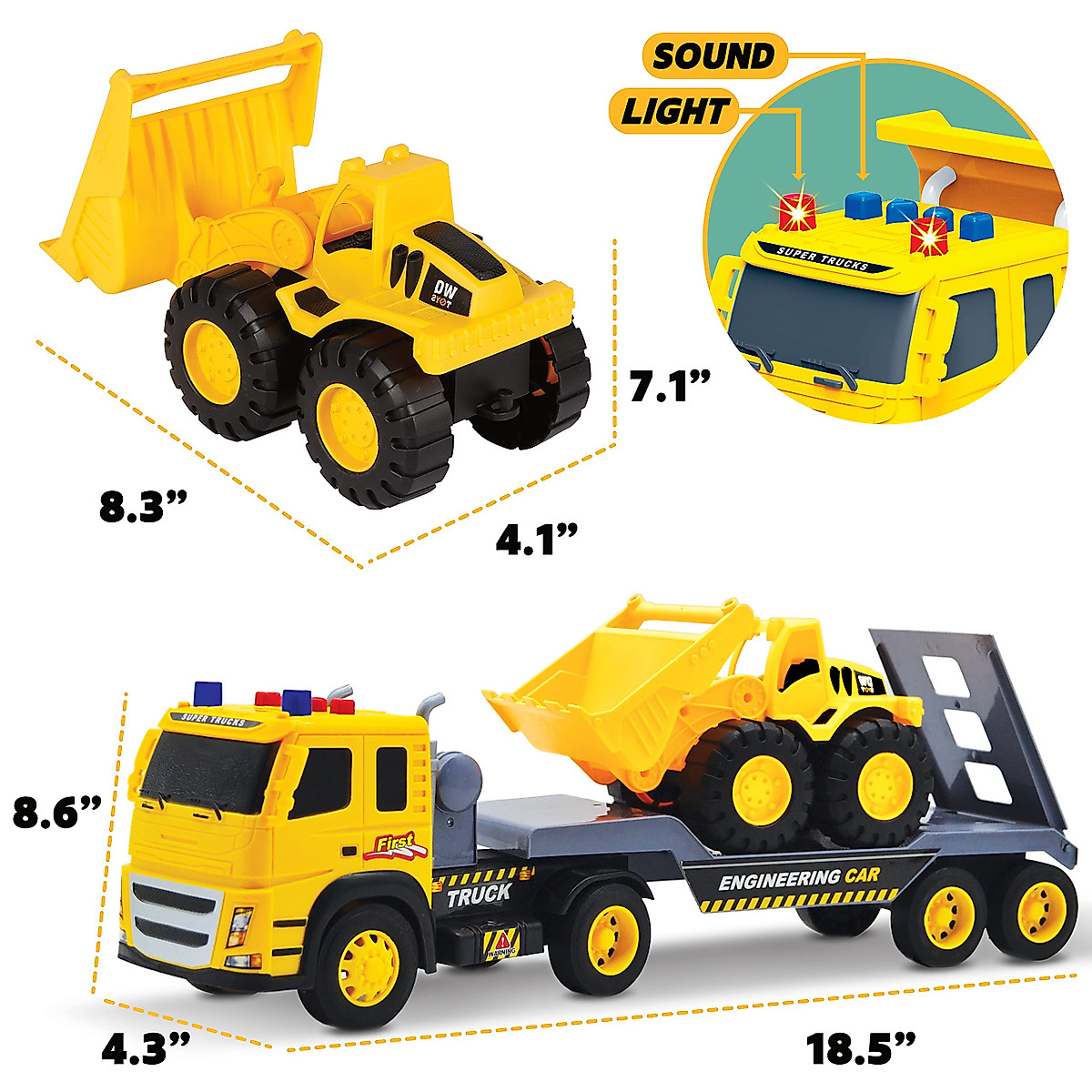 MOBIUS Toys Flatbed Truck with Excavator Tractor Toy - 1:12 Scale, Push and Go Construction Vehicle Playset, Lights & Sounds for Kids, Toddlers, Boys, & Girls Ages 3 4 5 Years Old