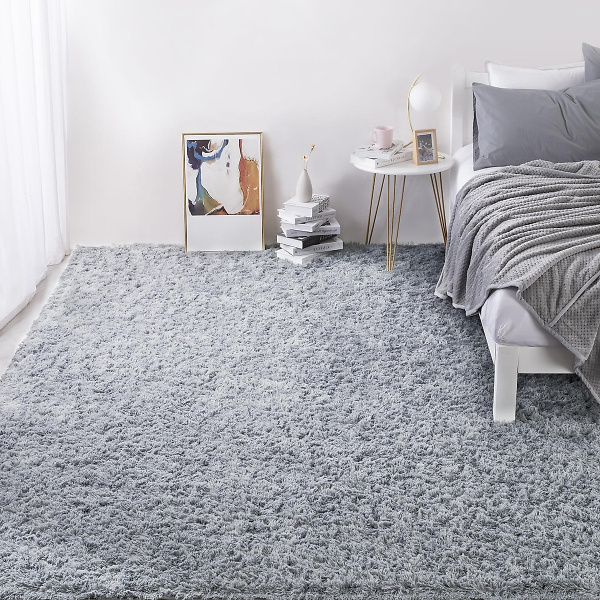 HOMBYS Shaggy Area Rug 8x10 Feet, Ultra Soft Large Plush Faux Fur Carpet, Non-Skid Bedroom Living Room Rug for Kids Playroom Home Decor, Light Grey