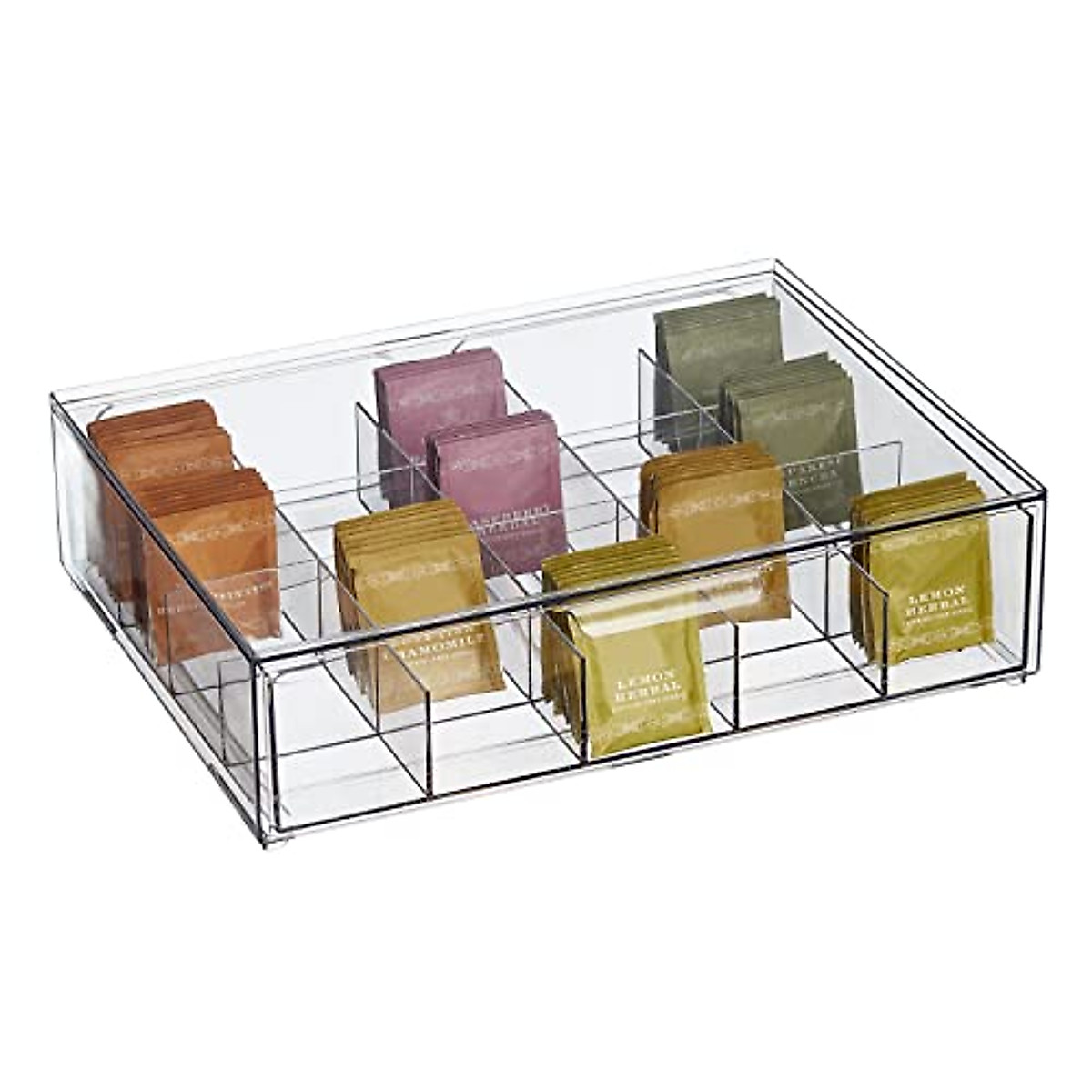 mDesign Divided Plastic Tea Organizer Bin with Drawer - Stackable Tea Bag Holder for Kitchen, Pantry, and Cabinet - Caddy with Small Dividers - 20 Sections - Lumiere Collection - Clear