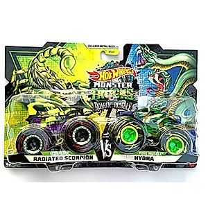Metal Hotwheels Monster Trucks Roarin Rumble 1-64 Scale Double Pack, Radiated Scorpion Vs Pure Muscle Hydra